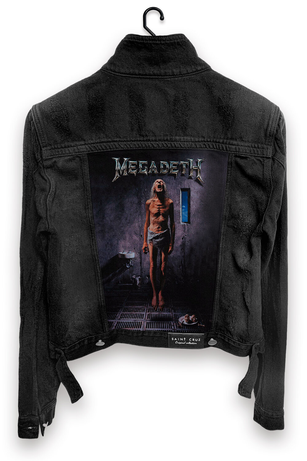 Jaqueta Jeans Destroyed Customizada Feminina Preta Megadeth - Saint Cruz
